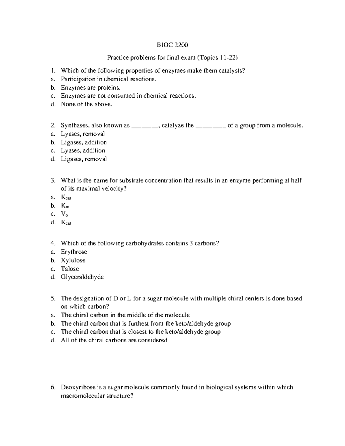 Final Practice Problems - BIOC 2200 Practice problems for final exam ...