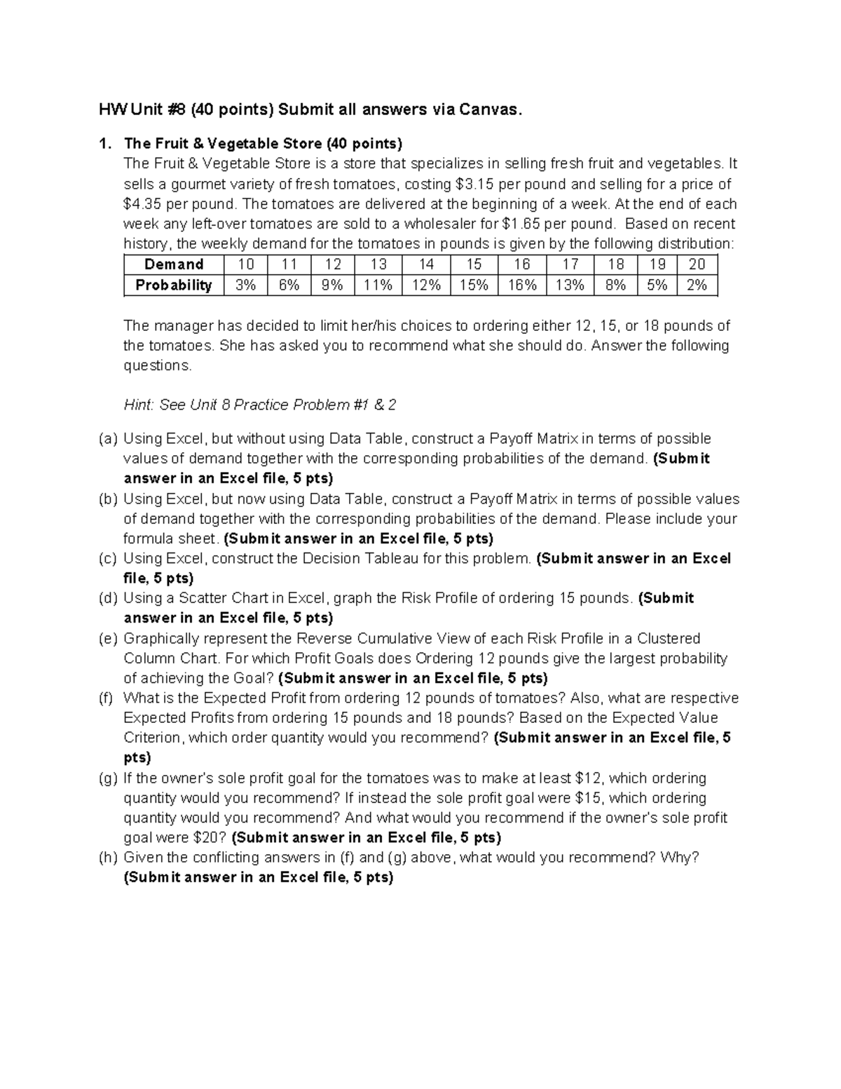 Unit 8 HW Exercises - HW Unit #8 (40 points) Submit all answers via Canvas. 1. The Fruit & - Studocu