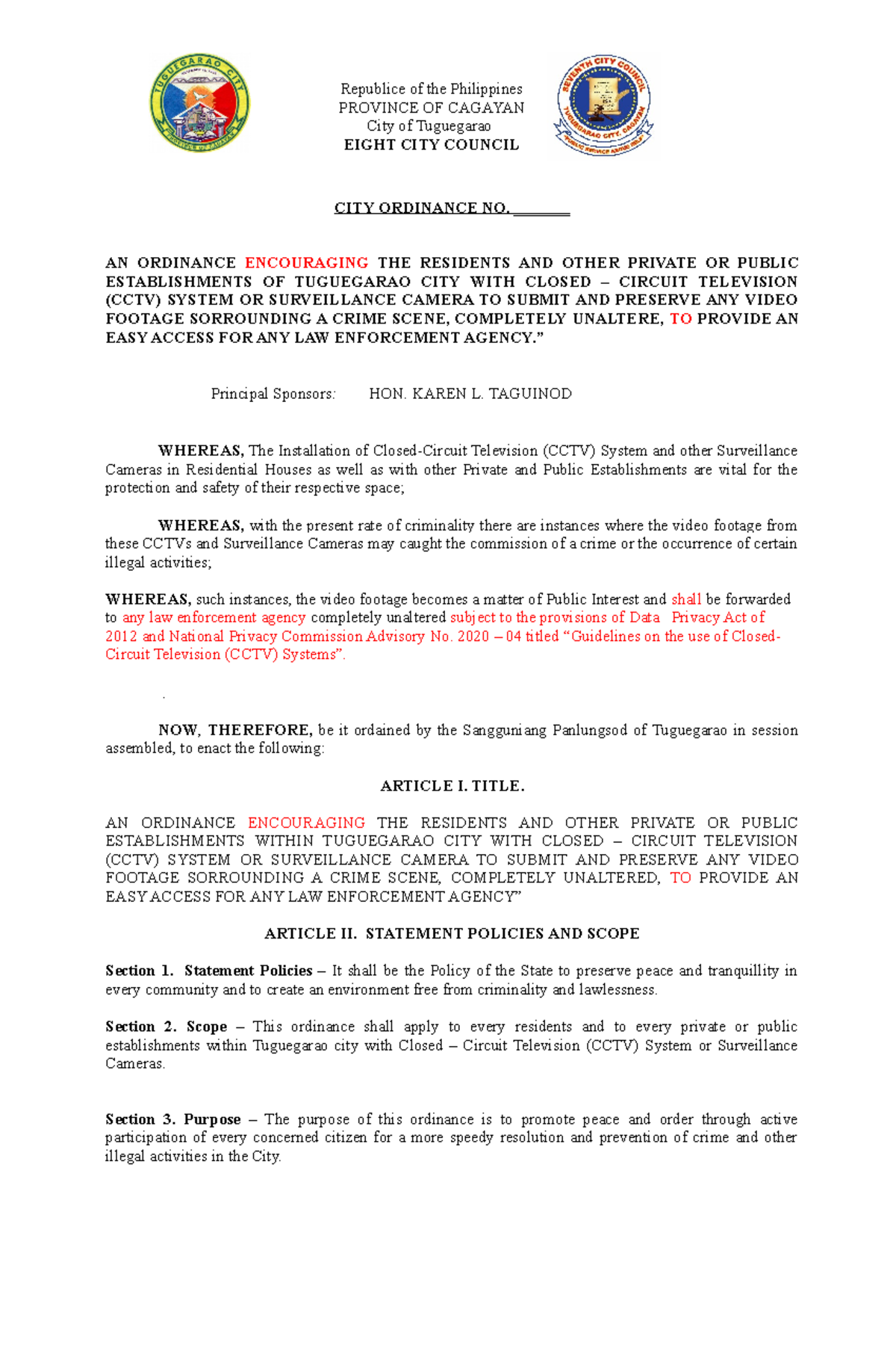 CCTV- Ordinance - law - CITY ORDINANCE NO. _______ AN ORDINANCE ...