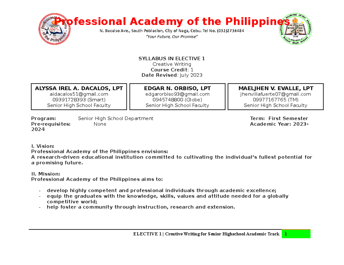 Elective 1 Syllabus Creative Writing - N. Bacalso Ave., South Poblacion ...