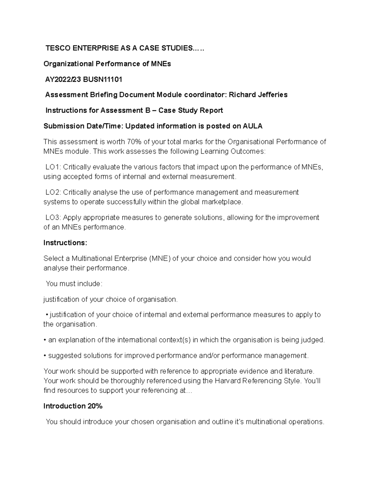 Organizational Performance of MNEs Individual Assisgnment - TESCO ...