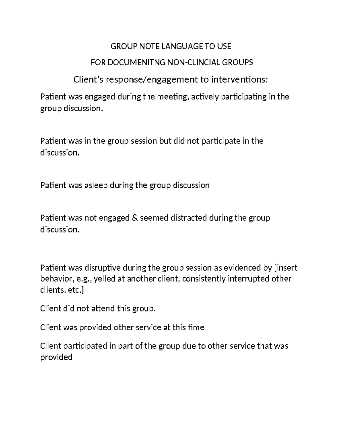 Group NOTE Language TO USE - GROUP NOTE LANGUAGE TO USE FOR DOCUMENITNG ...