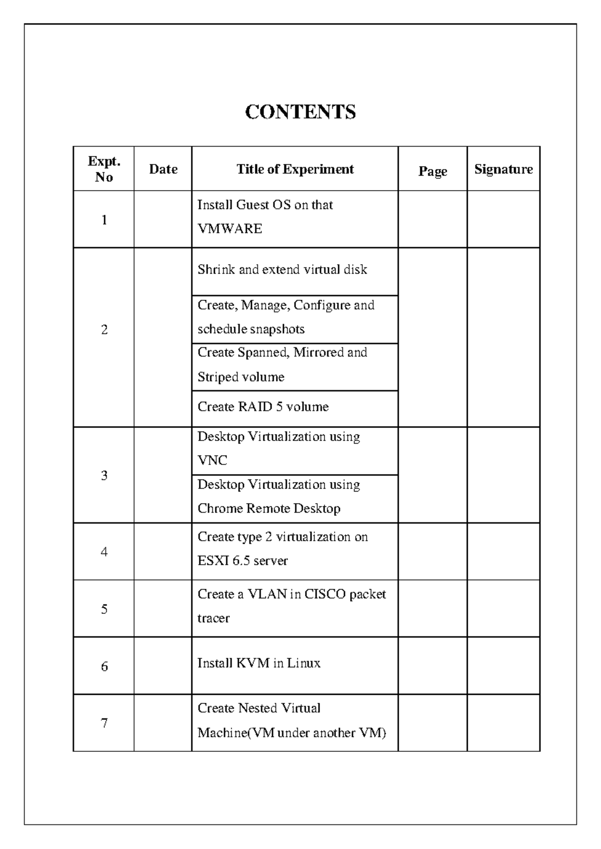 Virtualization LAB - CONTENTS Expt. No Date Title of Experiment Page Signature 1 Install Guest ...