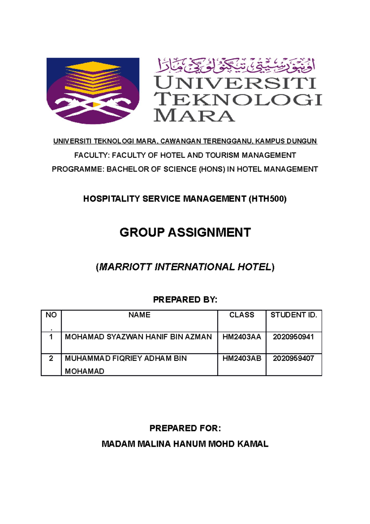 HTH500 Muhammad Fiqriey Adham & Mohamad Syazwan Hanif - UNIVERSITI ...
