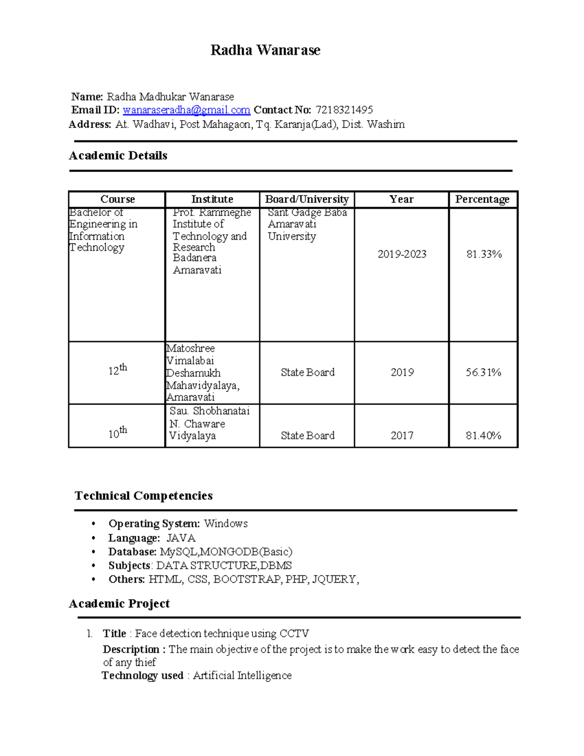 Soda PDF-converted-Radha Wanarase[Resume]-converted - Radha Wanarase Name: Radha Madhukar ...