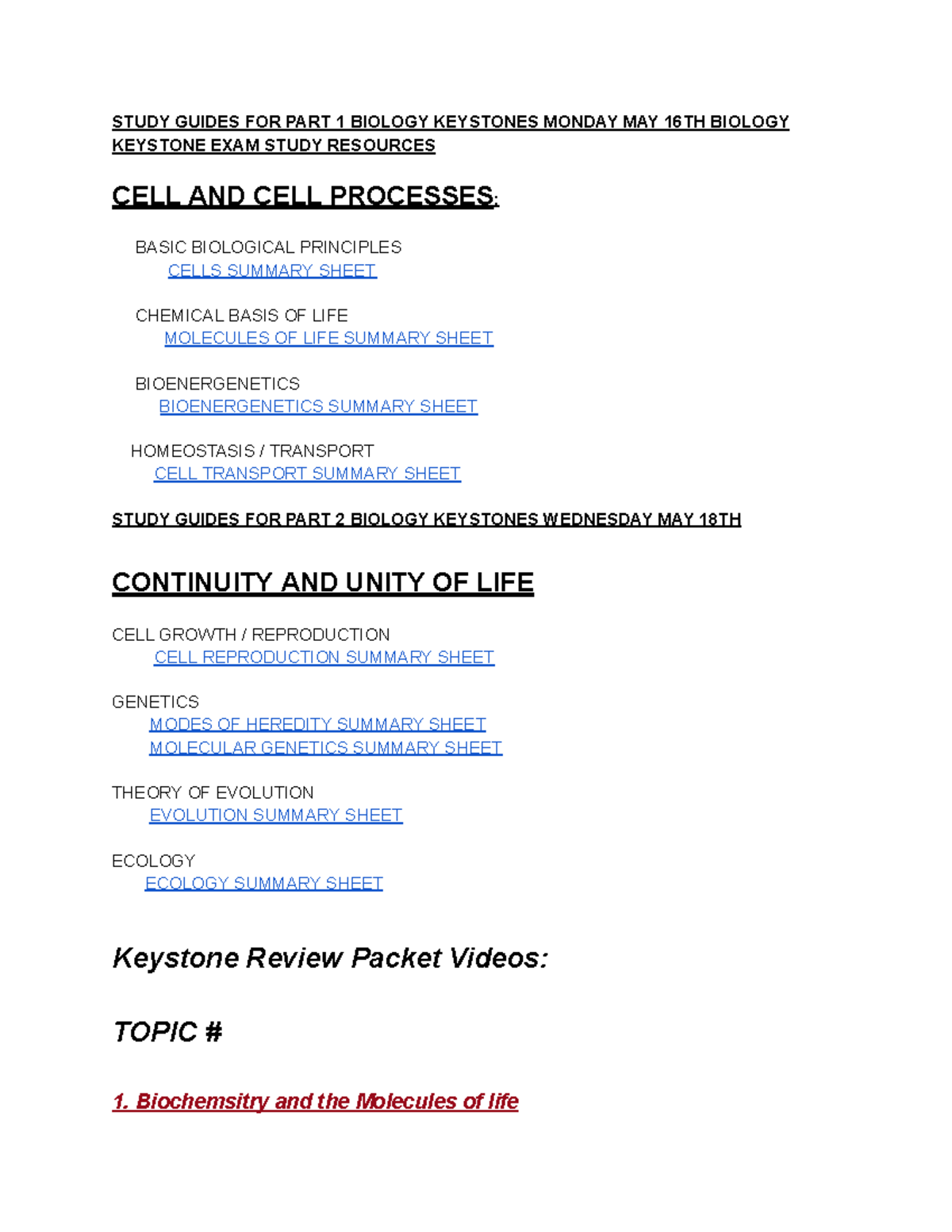 Biology Keystone EXAM Study Resources - STUDY GUIDES FOR PART 1 BIOLOGY ...