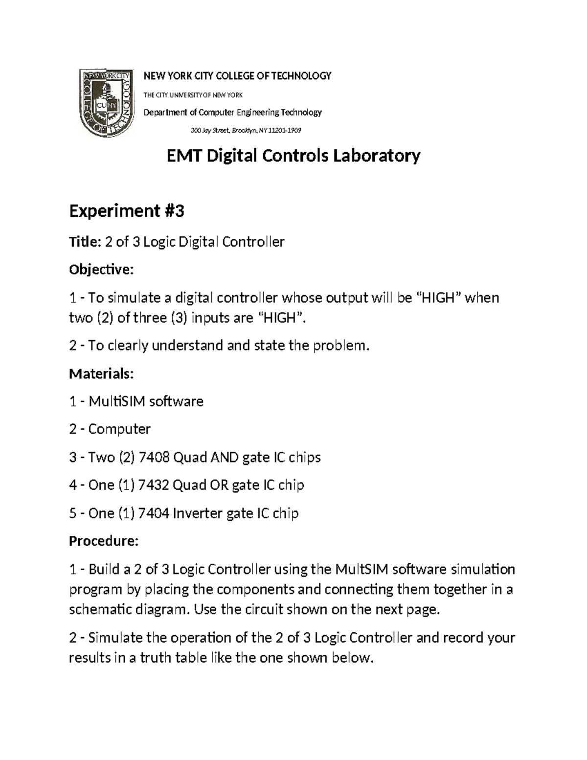 EMT-1250 LAB - EXP #3 - 2 of 3 Logic Controller - NEW YORK CITY COLLEGE OF TECHNOLOGY THE CITY ...