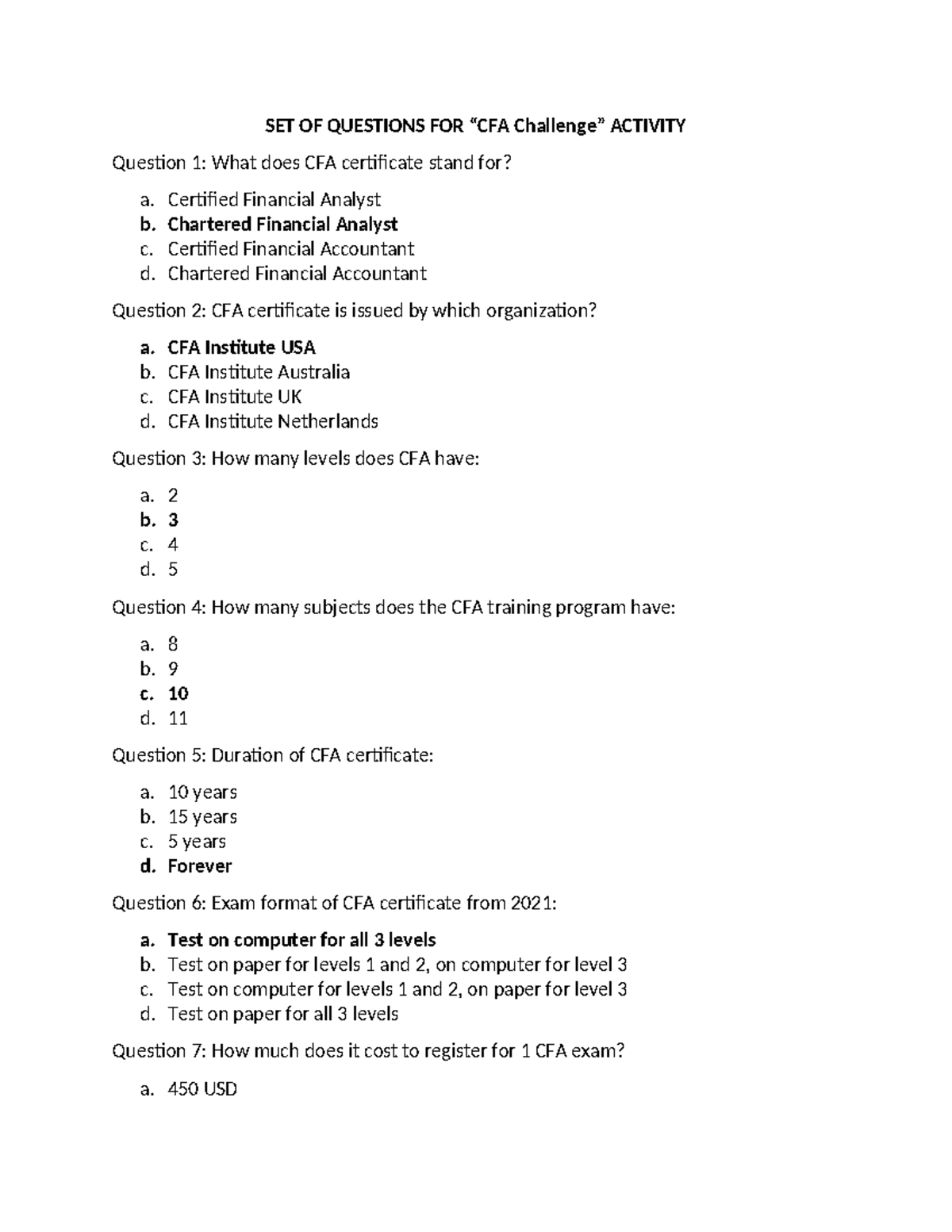 Bộ câu hỏi Lets study CFA TA - SET OF QUESTIONS FOR “CFA Challenge ...
