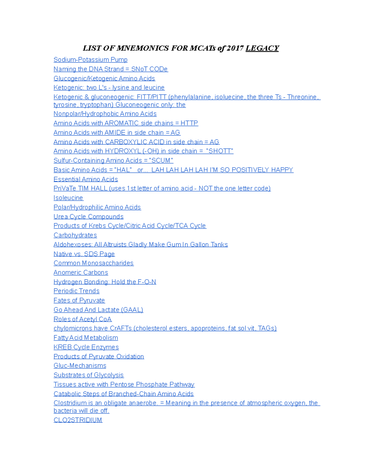 Copy of LIST OF Mnemonics FOR MCATs of 2017 Legacy - LIST OF MNEMONICS ...