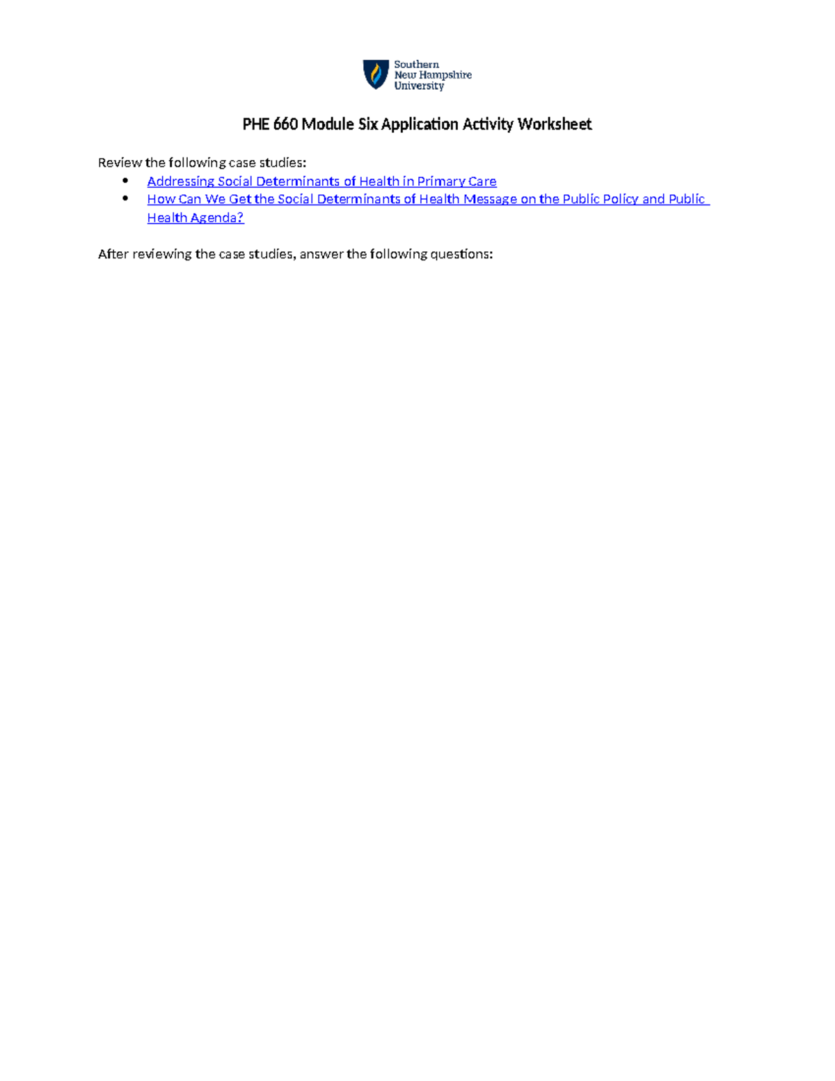 PHE 660 Module Six Application Activity Worksheet - PHE 660 Module Six ...