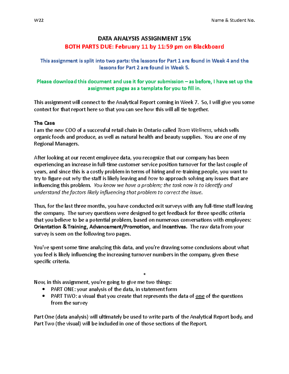 Data Analysis Assignment - W22 Name & Student No. DATA ANALYSIS ...