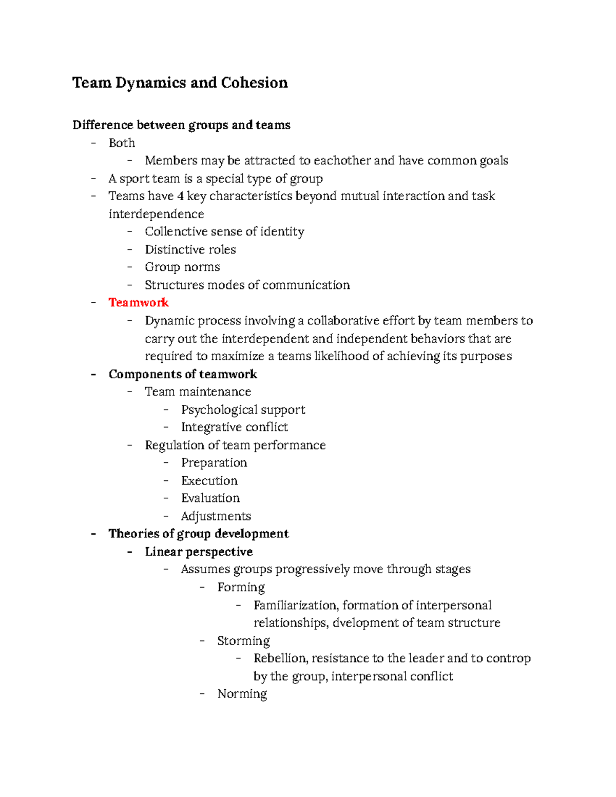 Notes 7 - Team Dynamics and Cohesion Difference between groups and ...