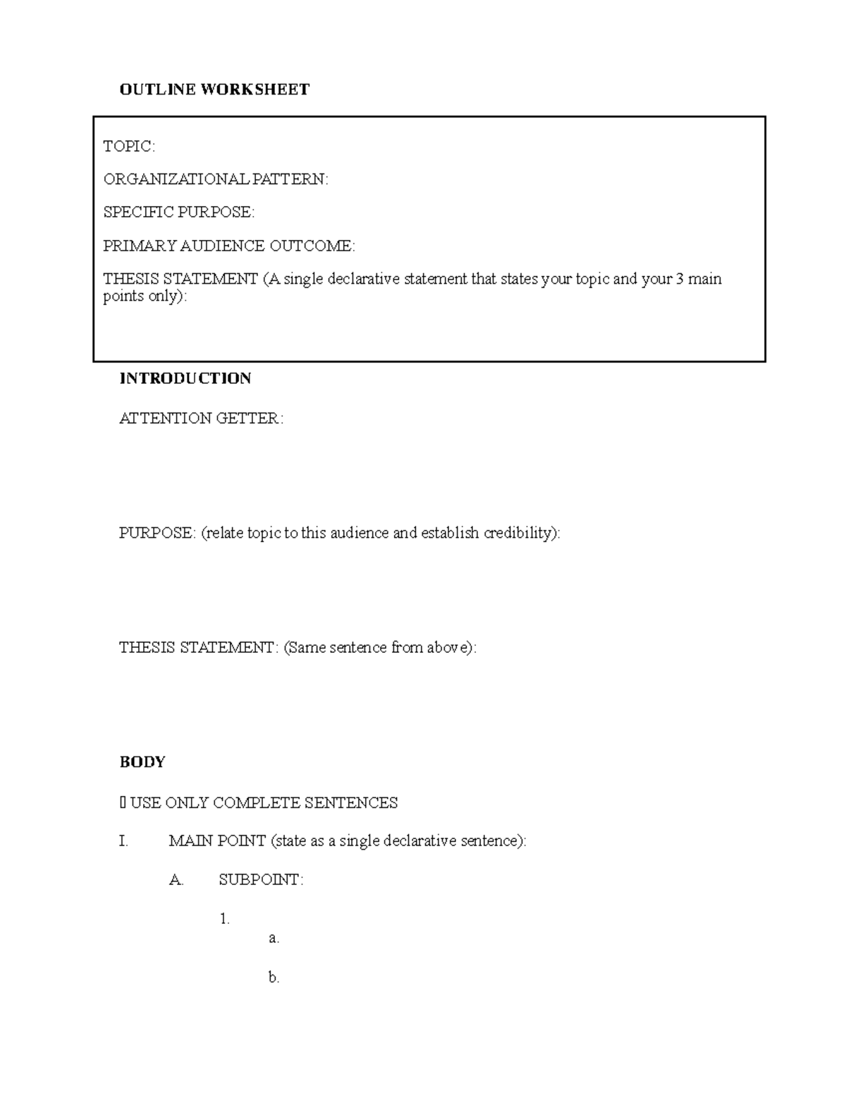 Info Outline Worksheet - OUTLINE WORKSHEET INTRODUCTION ATTENTION ...