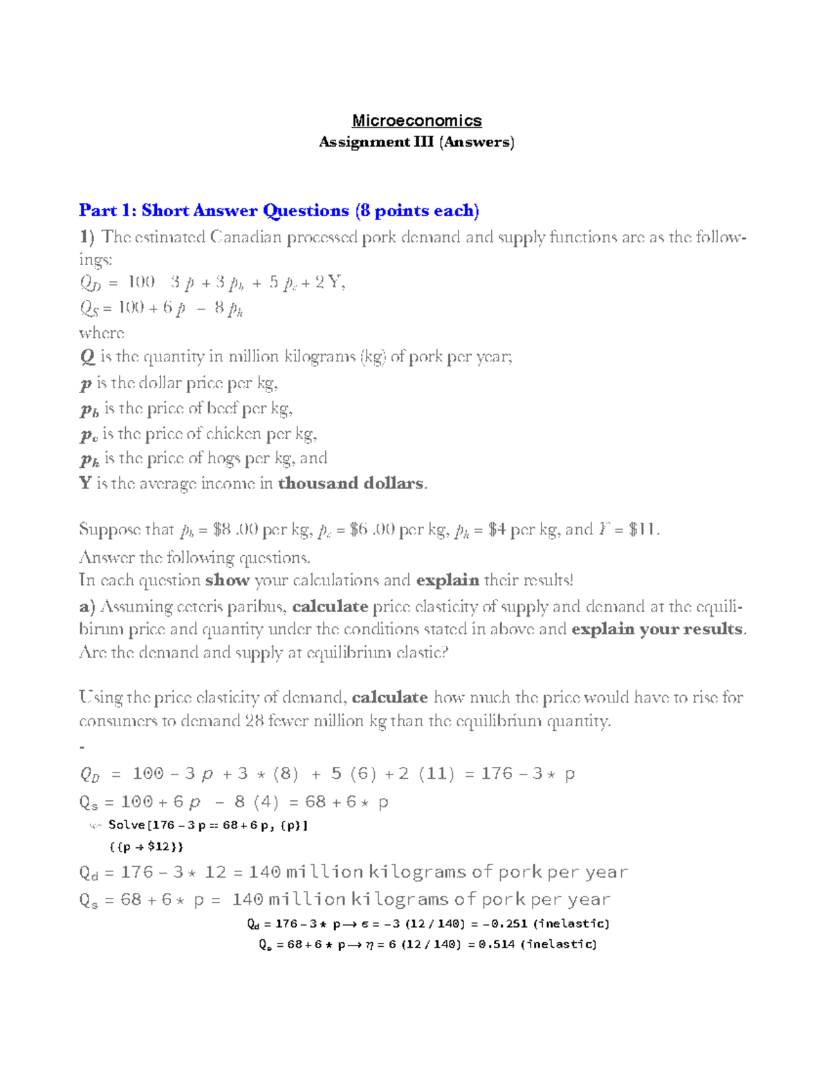 A3 (Answers) - Answer key for assignment#3 - Microeconomics Assignment ...