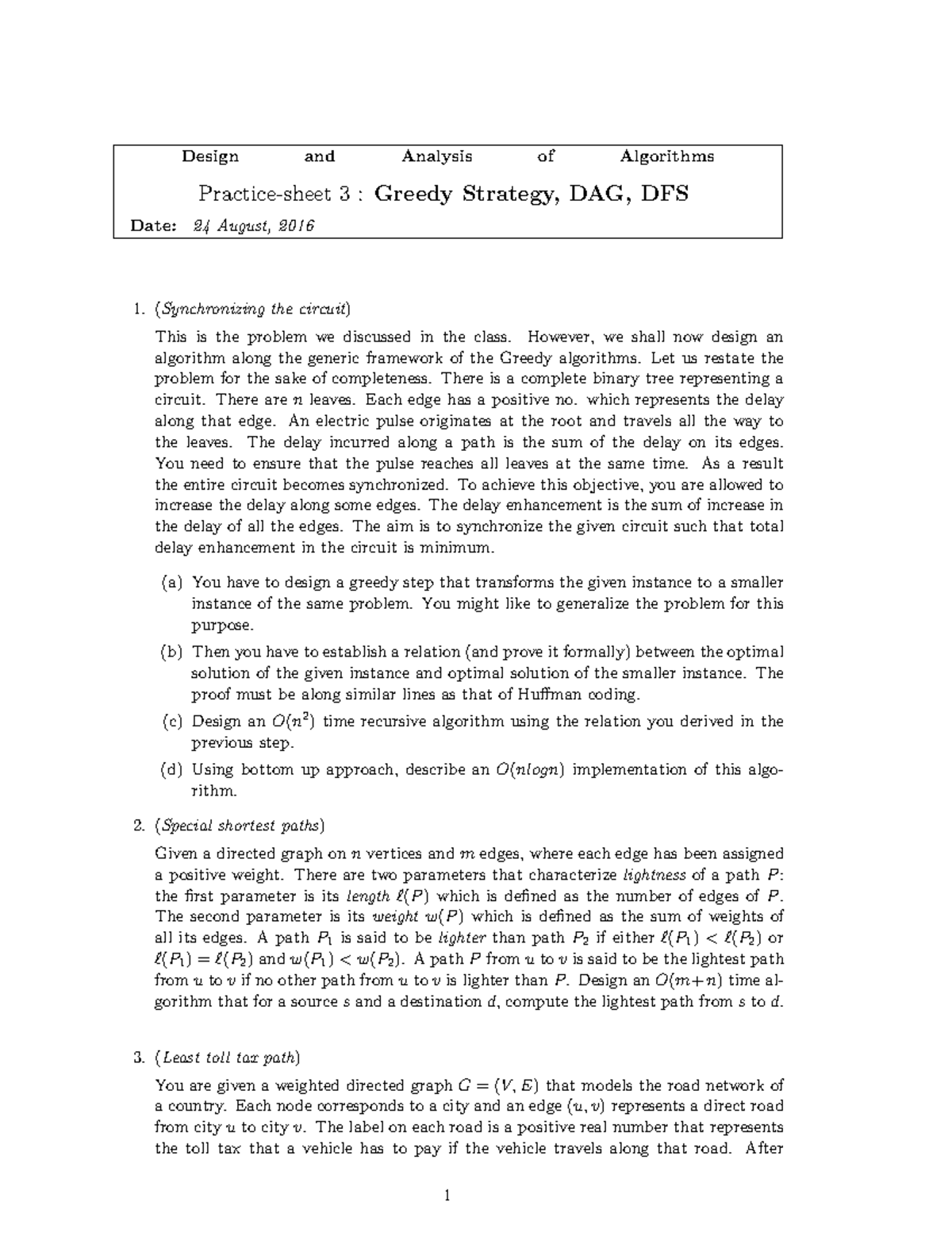 Practice Sheet 3 Practice Sheet Design And Analysis Of Algorithms Practice Sheet 3 Greedy