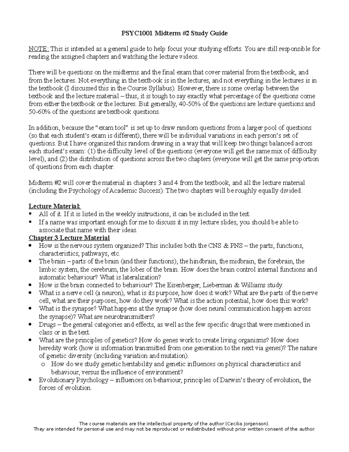 1001H Midterm 2 Study Guide - PSYC1001 Midterm #2 Study Guide NOTE: This is intended as a ...