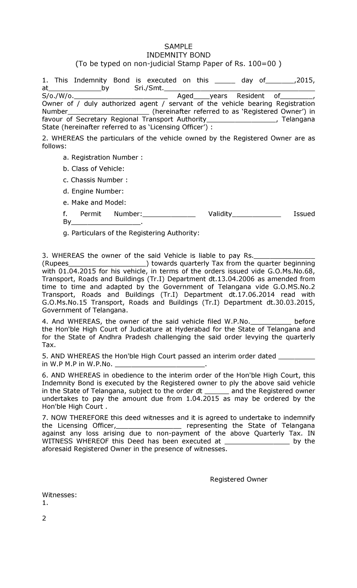 Sample Indemnity BOND 02042015 - SAMPLE INDEMNITY BOND (To be typed on ...