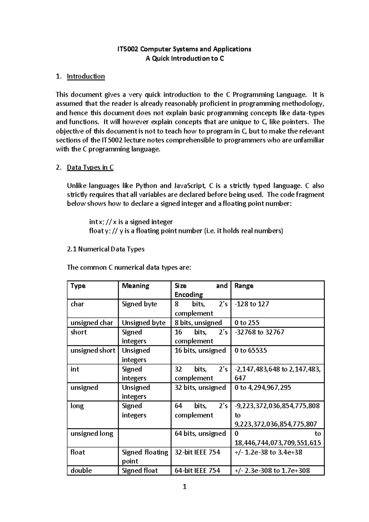 A Quick Introduction to C - IT5002 Computer Systems and Applications A ...