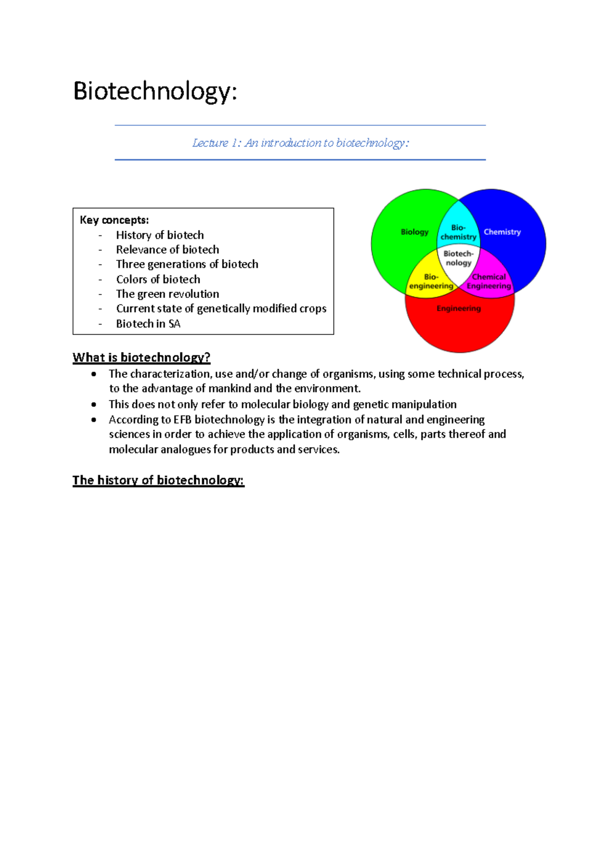 All lecture notes for Biotechnology - Biotechnology: Lecture 1: An ...