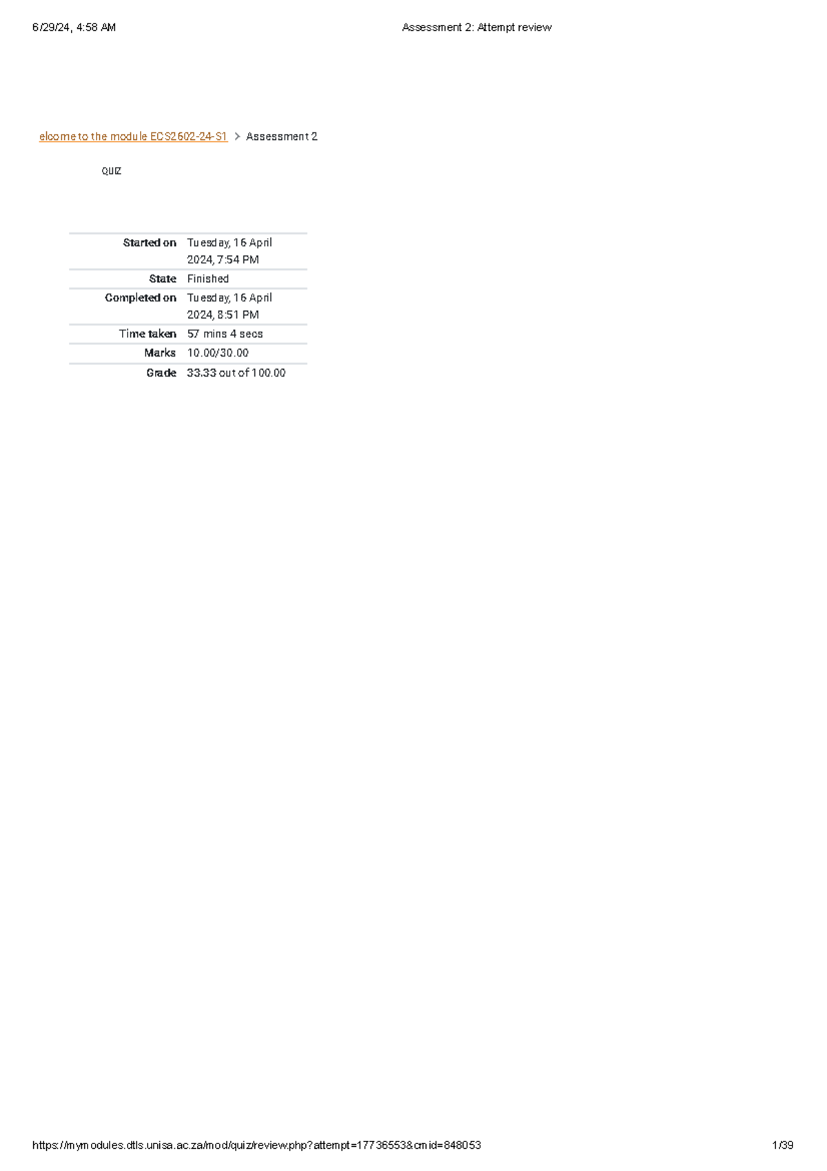 ECS2602 Assessment 2 Attempt 1 - elcome to the module ECS2602-24-S1 ...