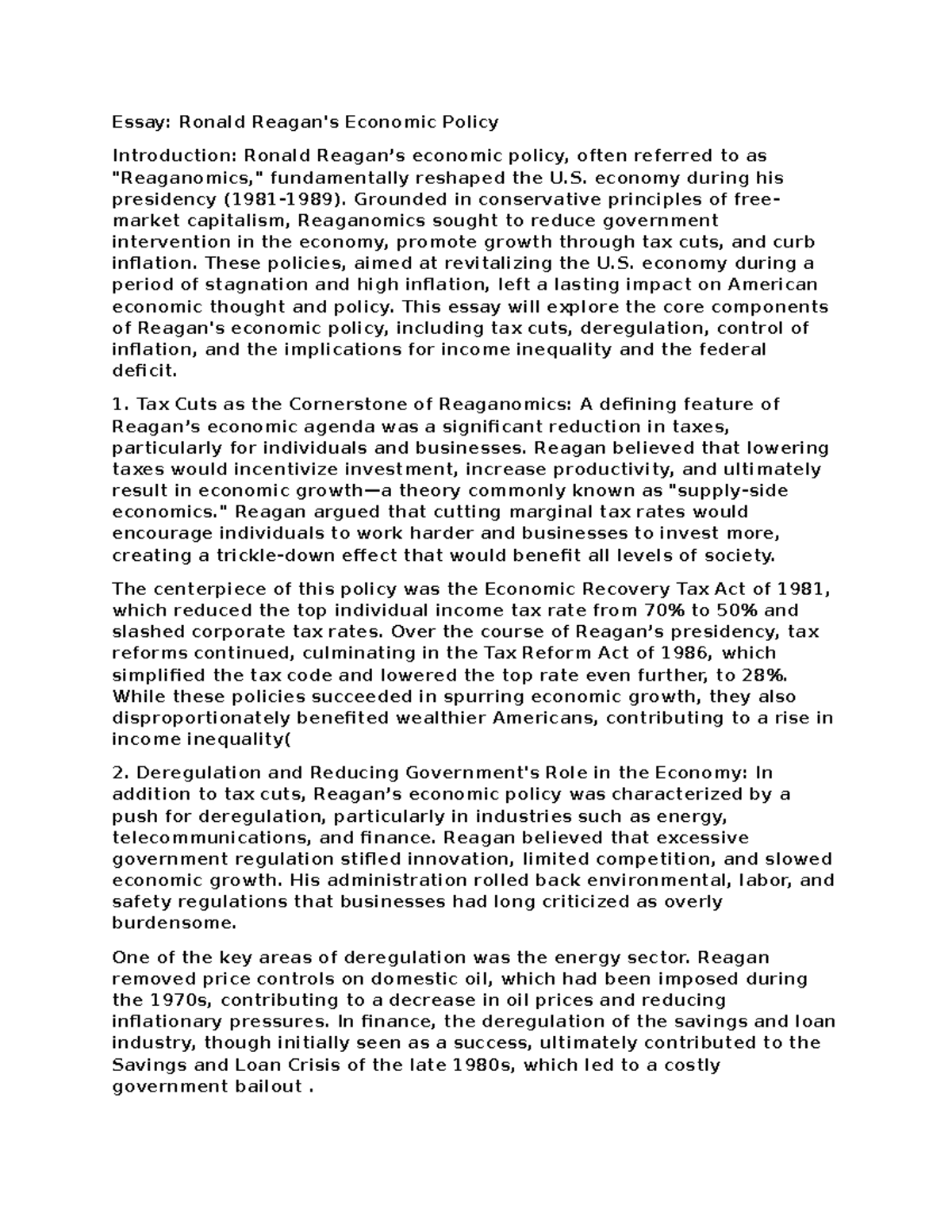 Regan Economics - Political Science - Essay: Ronald Reagan's Economic ...