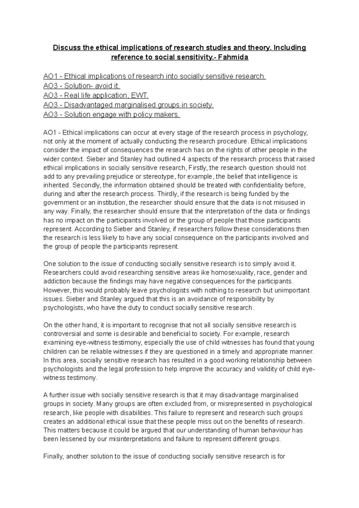 Discuss the Ethical Implications of Research Studies and Theory Essay ...