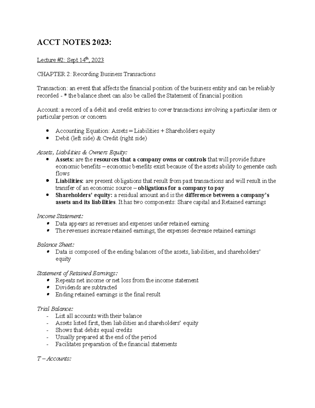 ACCT Notes 2023 - ACCT NOTES 2023: Lecture #2: Sept 14th, 2023 CHAPTER ...
