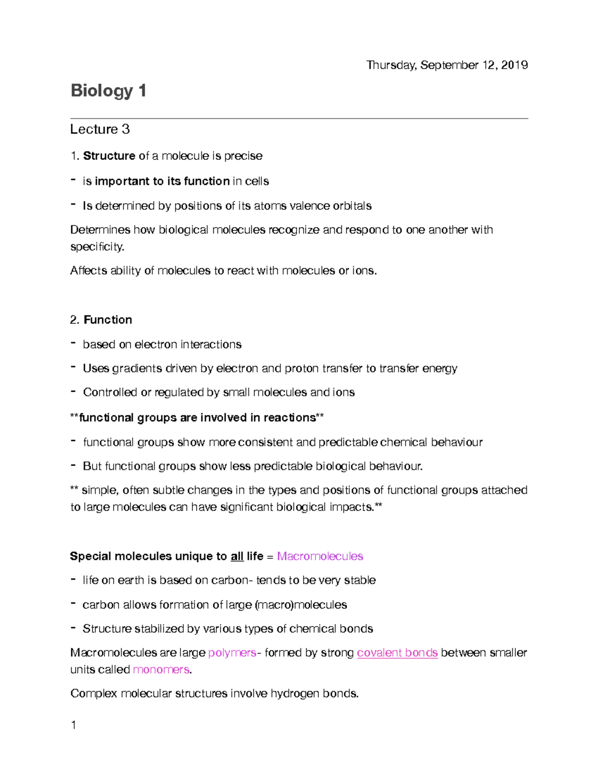 Biology 1 Lecture 3 - Thursday, September 12, 2019 Biology 1 Lecture 3 ...