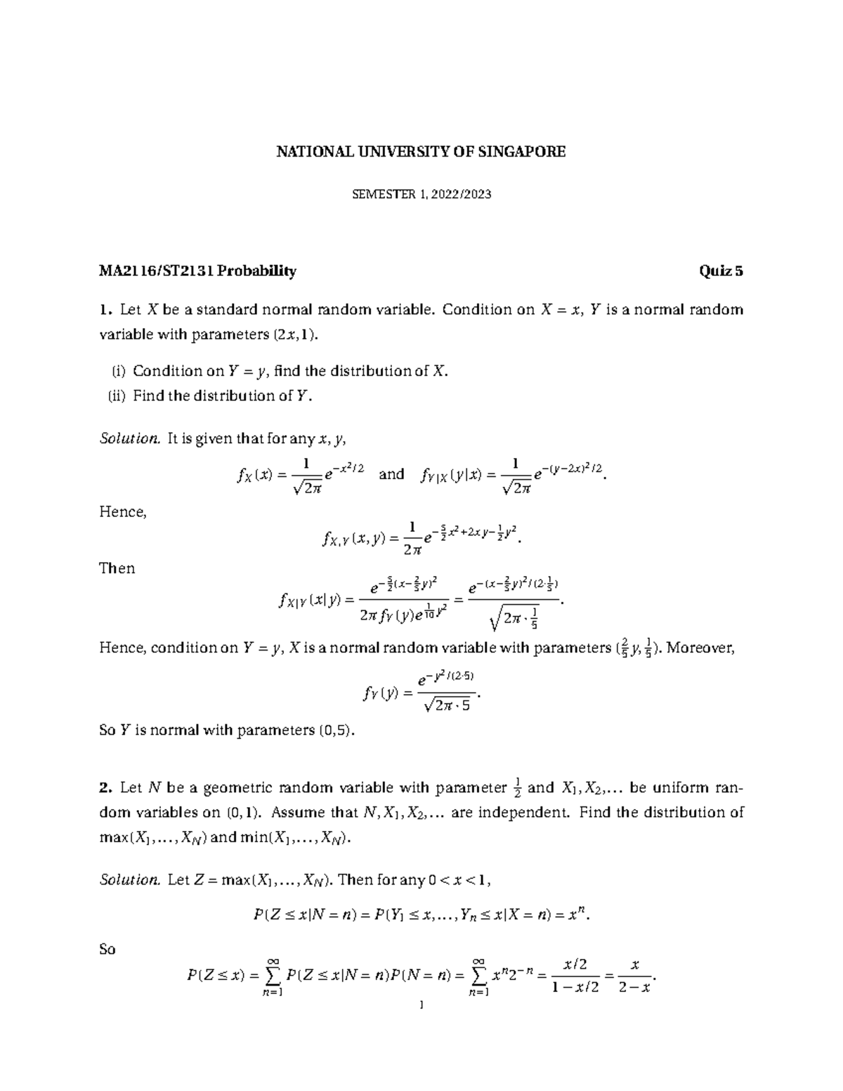 Probability Quiz05 - Practice - NATIONAL UNIVERSITY OF SINGAPORE ...