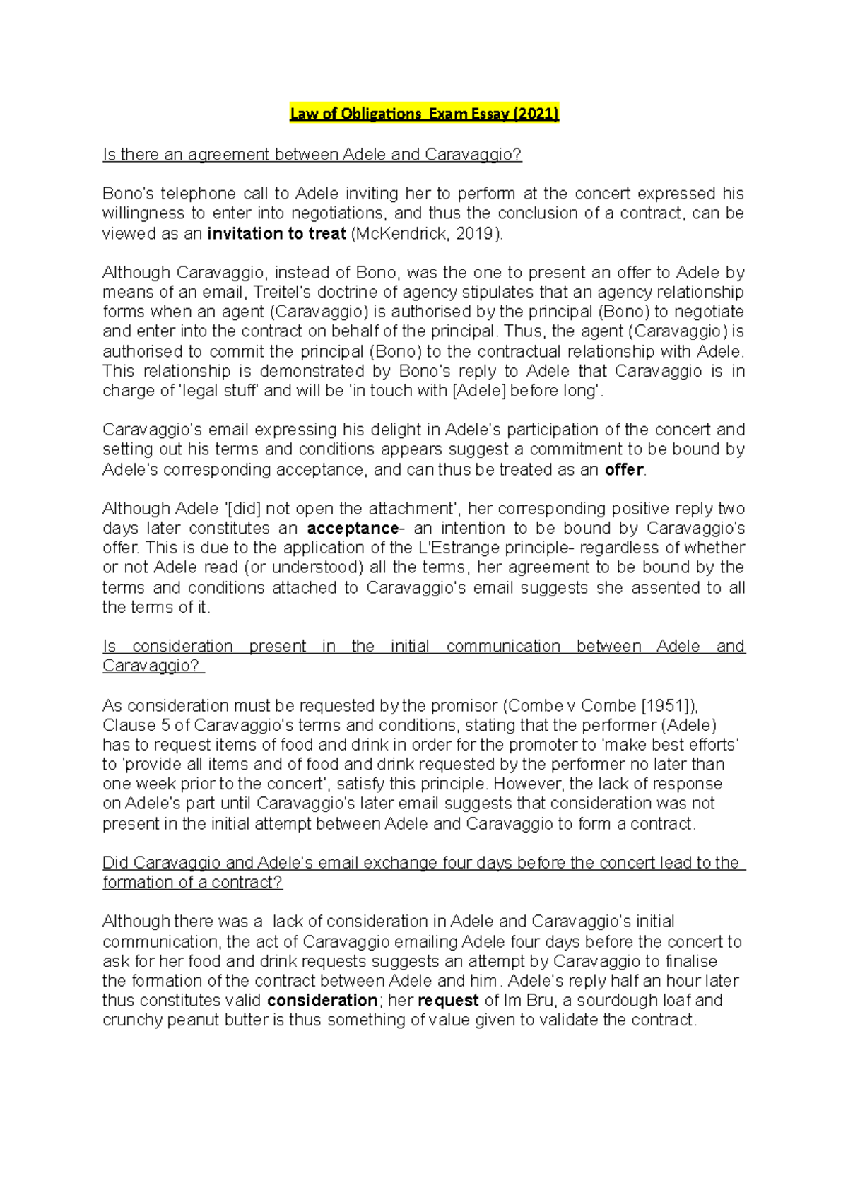 LL104 2021 Exam Essay - Law of Obligations Exam Essay (2021) Is there ...