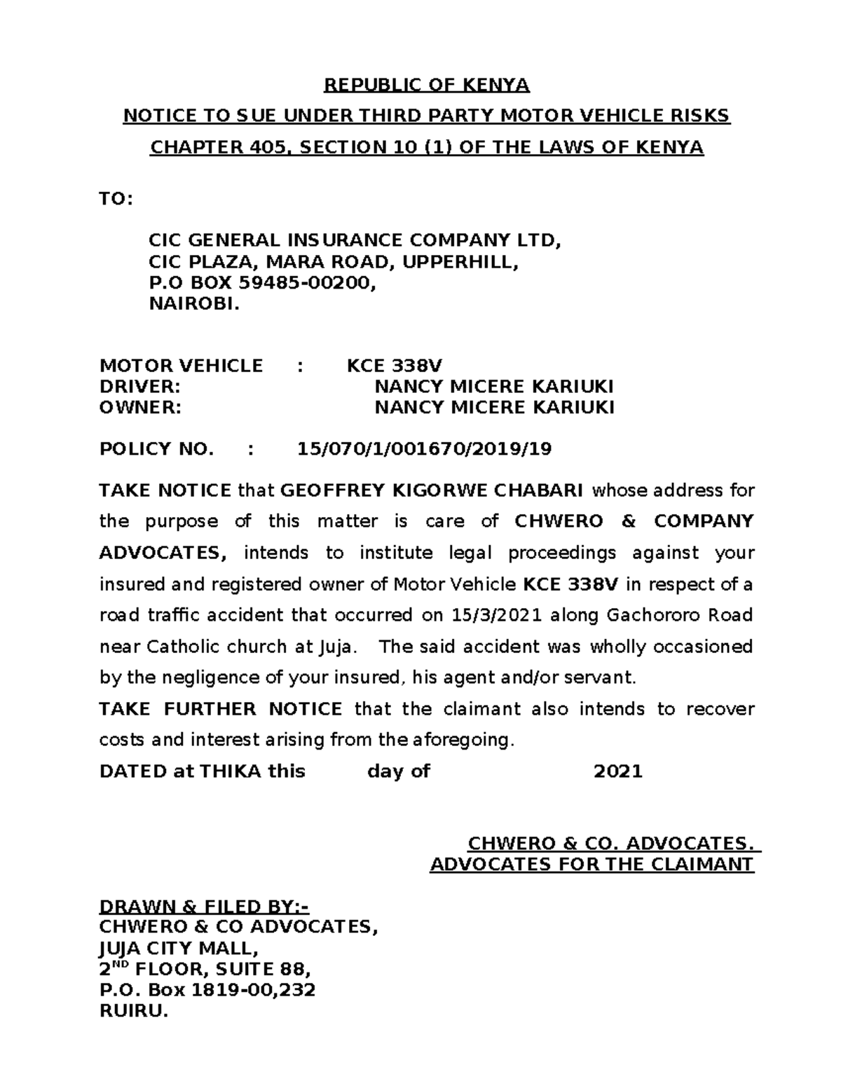 Statutory Notice & Demand - Geoffrey Kigorwe Chabari - REPUBLIC OF ...