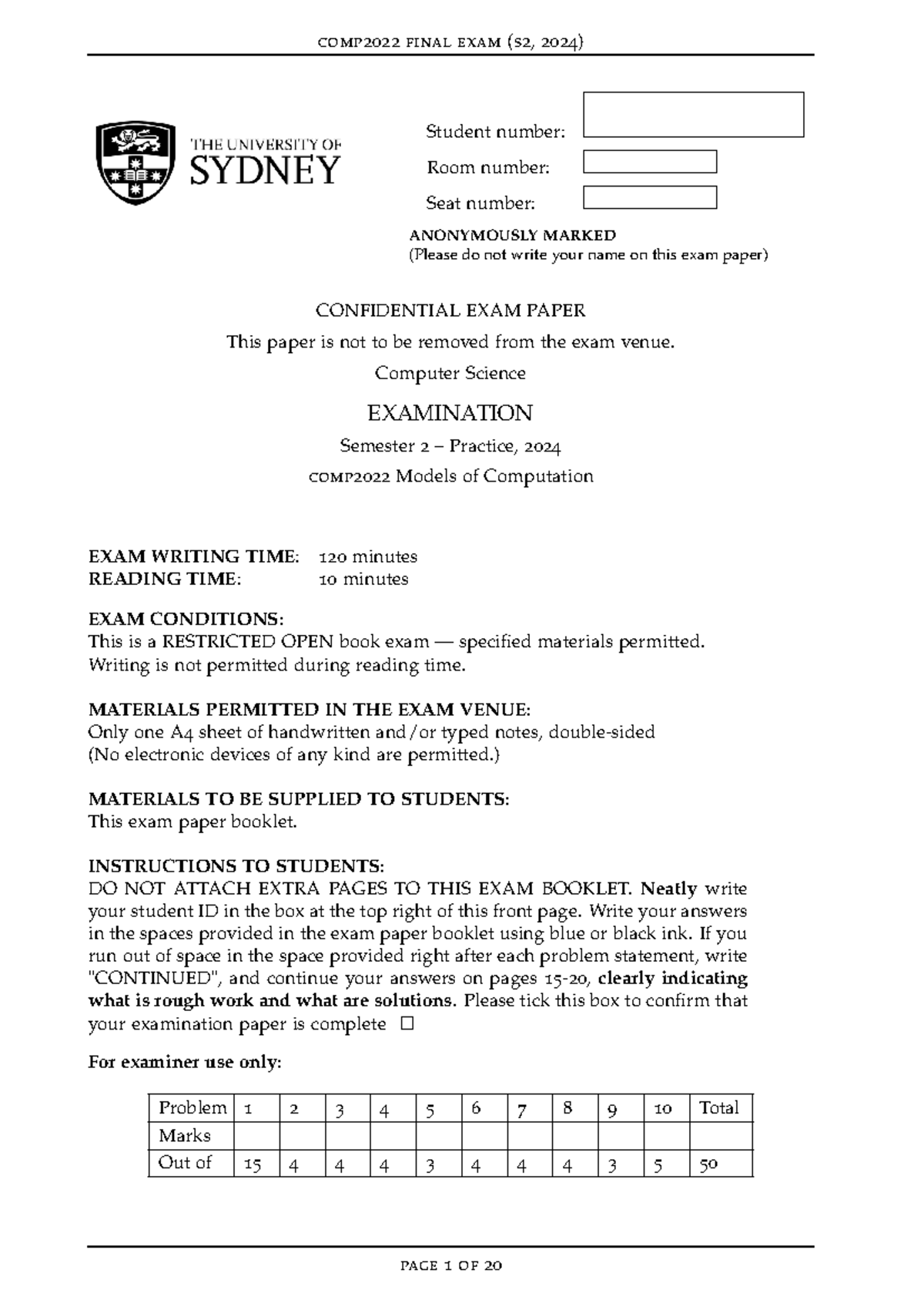 Practice Exam 2024 - \Desktop\Exam Typing Page 2 of 4 Semester 2, 2005 Page X of XY Faculty of ...