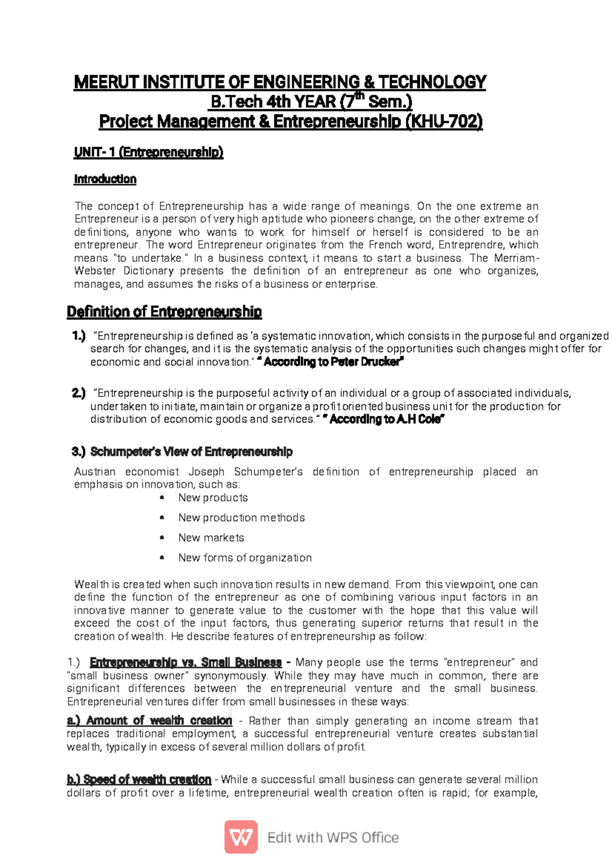 Project Management and Entrepreneurship unit -1 - MEERUT INSTITUTE OF ENGINEERING & TECHNOLOGY B ...