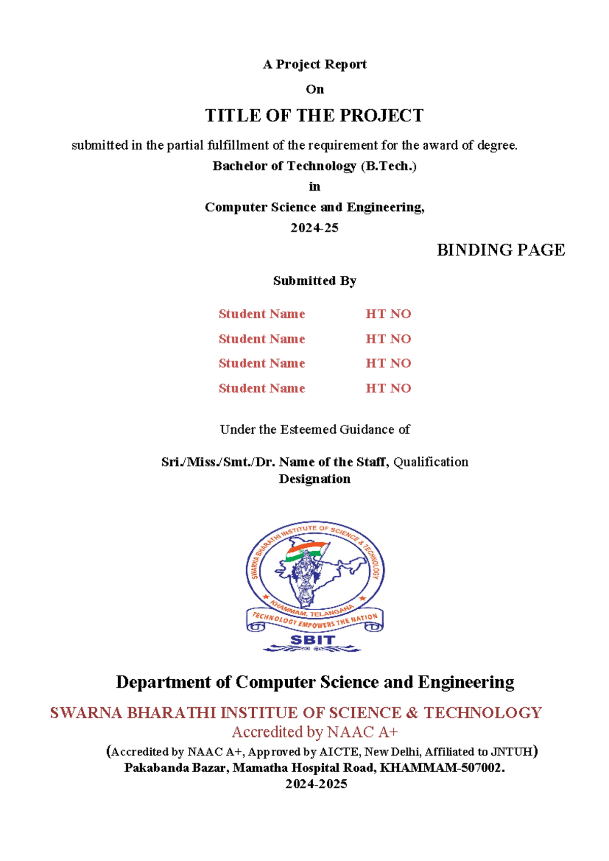 Model Project Report - Modified - A Project Report On TITLE OF THE ...