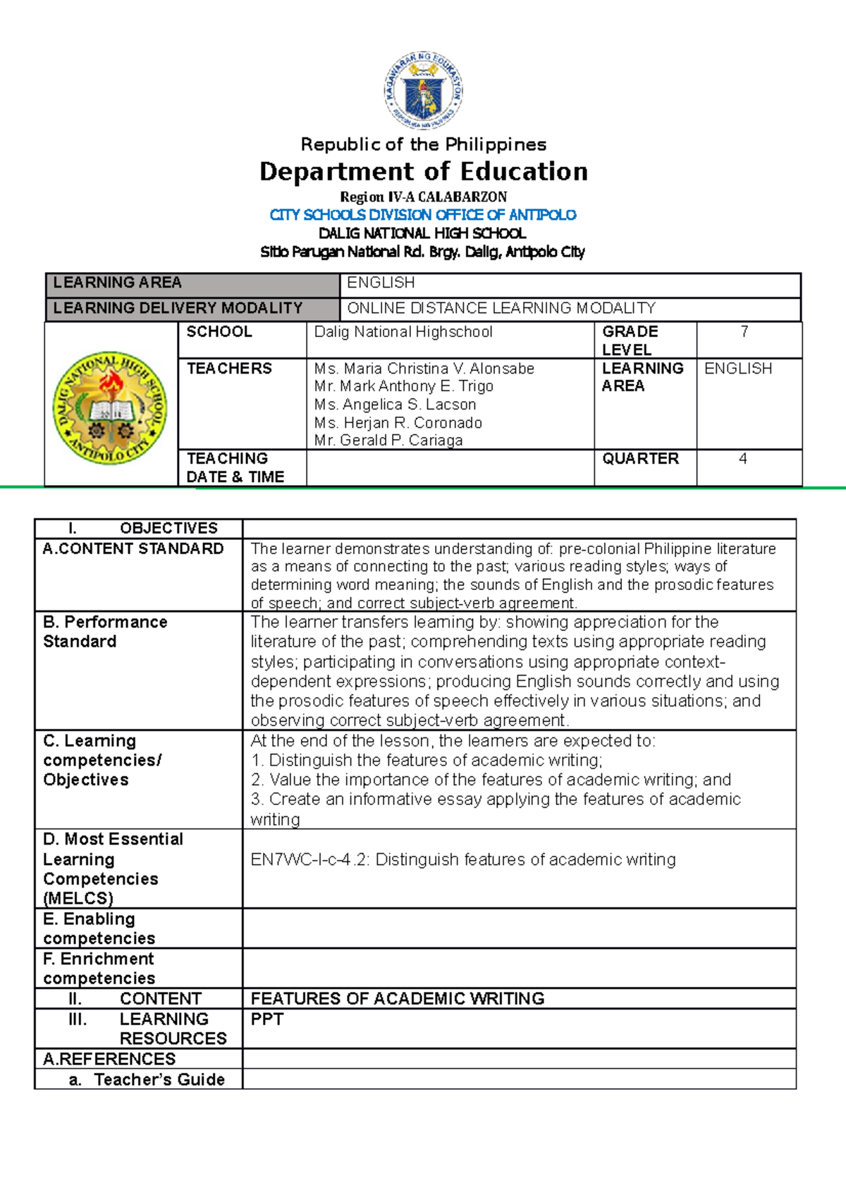 IDEA Lesson Exemplar IN English - Republic of the Philippines Department of Education Region IV ...