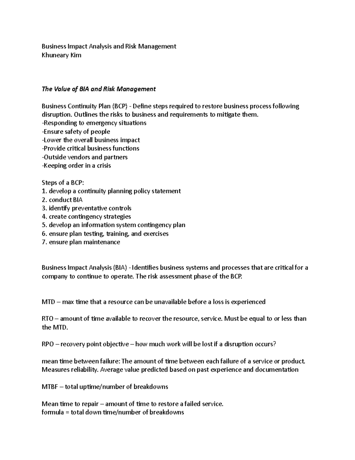 Business Impact Analysis and Risk Management - Outlines the risks to ...