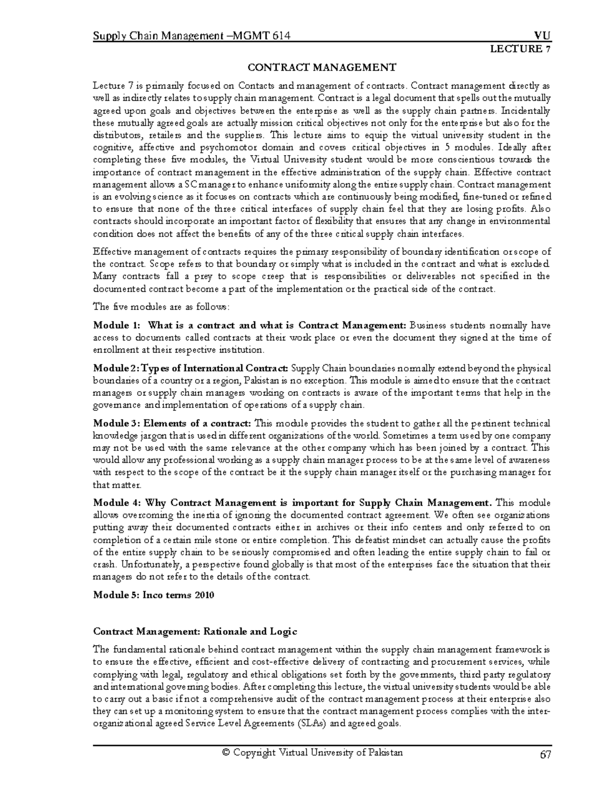 MGMT614 7 - HANDOUTS - LECTURE 7 CONTRACT MANAGEMENT Lecture 7 is ...