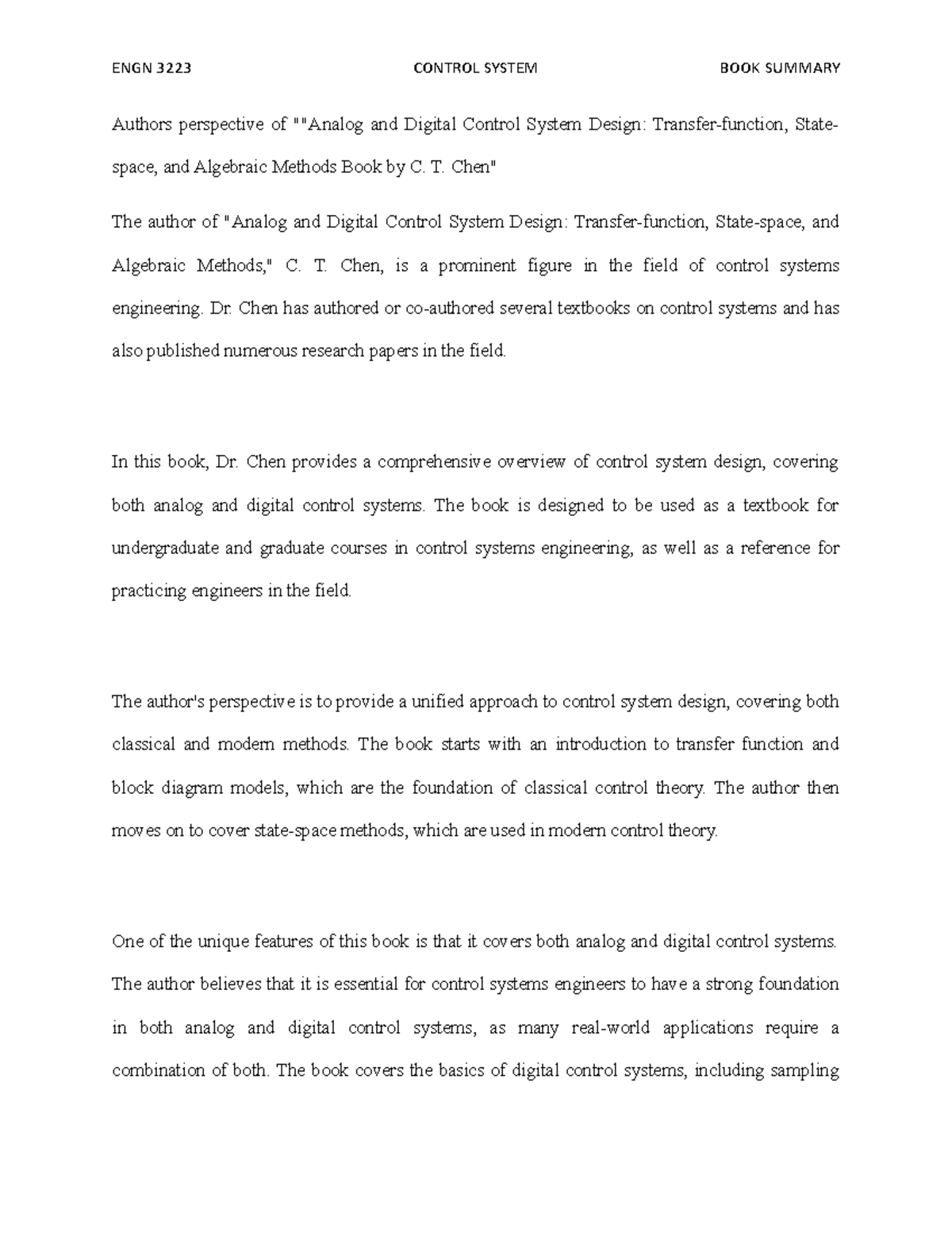 Authors Perspective Of Analog And Digital Control System Design