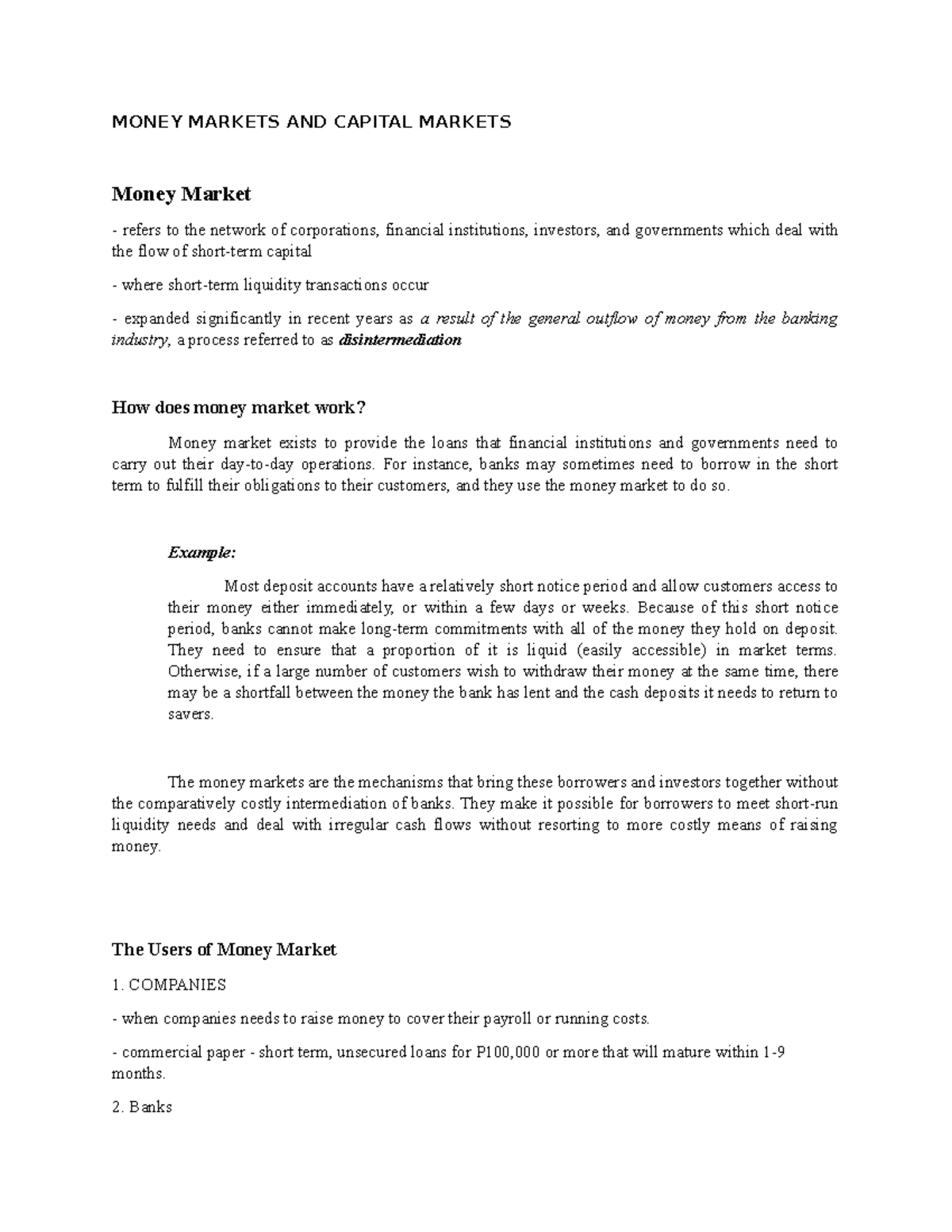 Money Markets and Capital Market - MONEY MARKETS AND CAPITAL MARKETS ...
