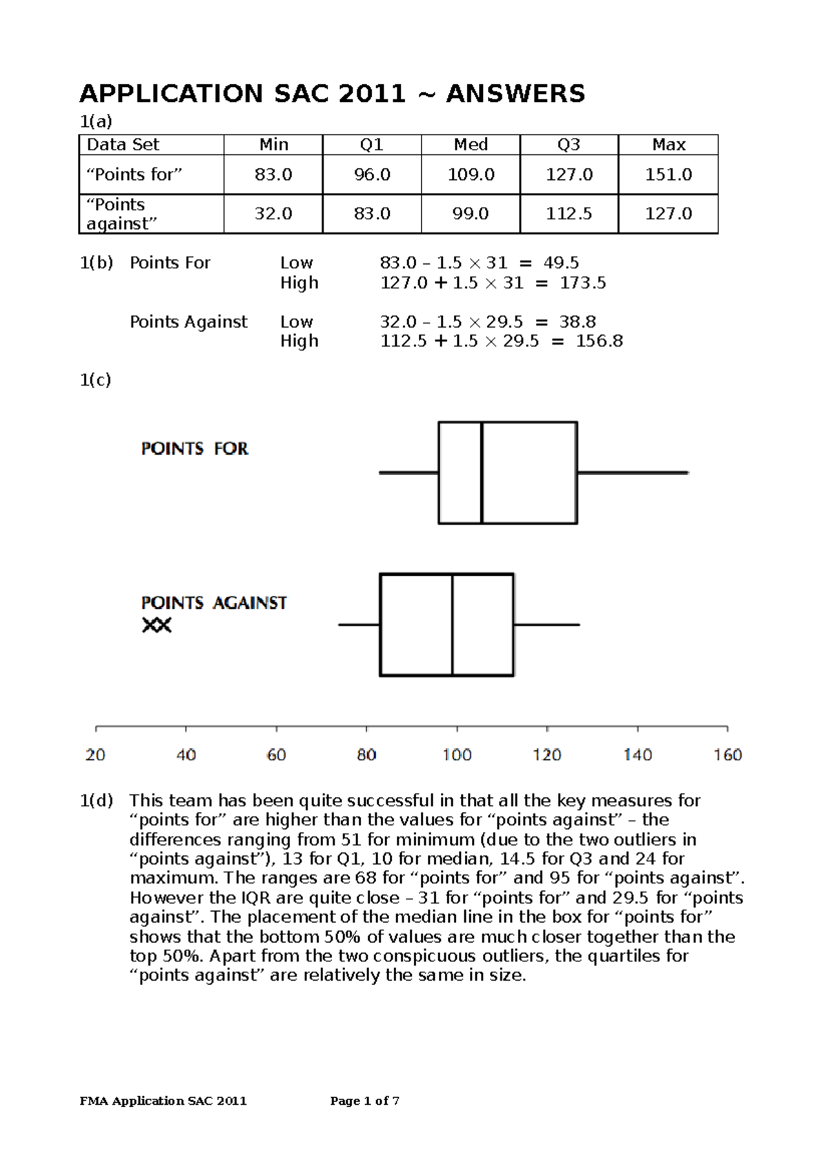 Practice SAC 5 Answers 2 - APPLICATION SAC 2011 ~ ANSWERS 1(a) Data Set ...