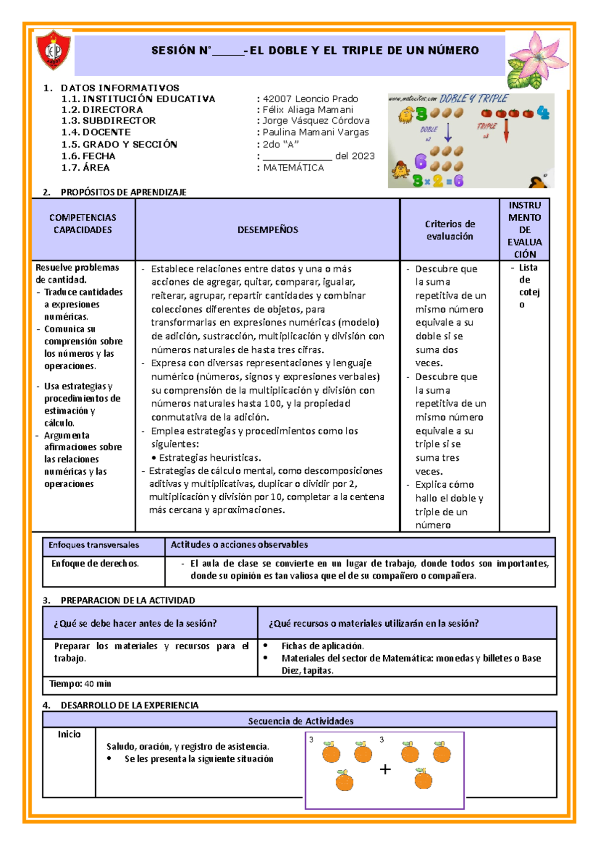 Sesión-N° - Matemática-2023 - SESIÓN N°______- EL DOBLE Y EL TRIPLE DE UN NÚMERO 1. DATOS - Studocu