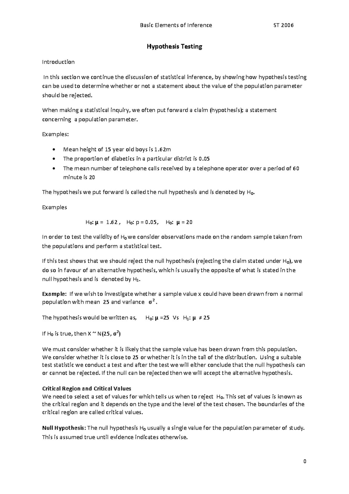 Lecture 6 S - Stt - Hypothesis Testing Introduction In this section we ...