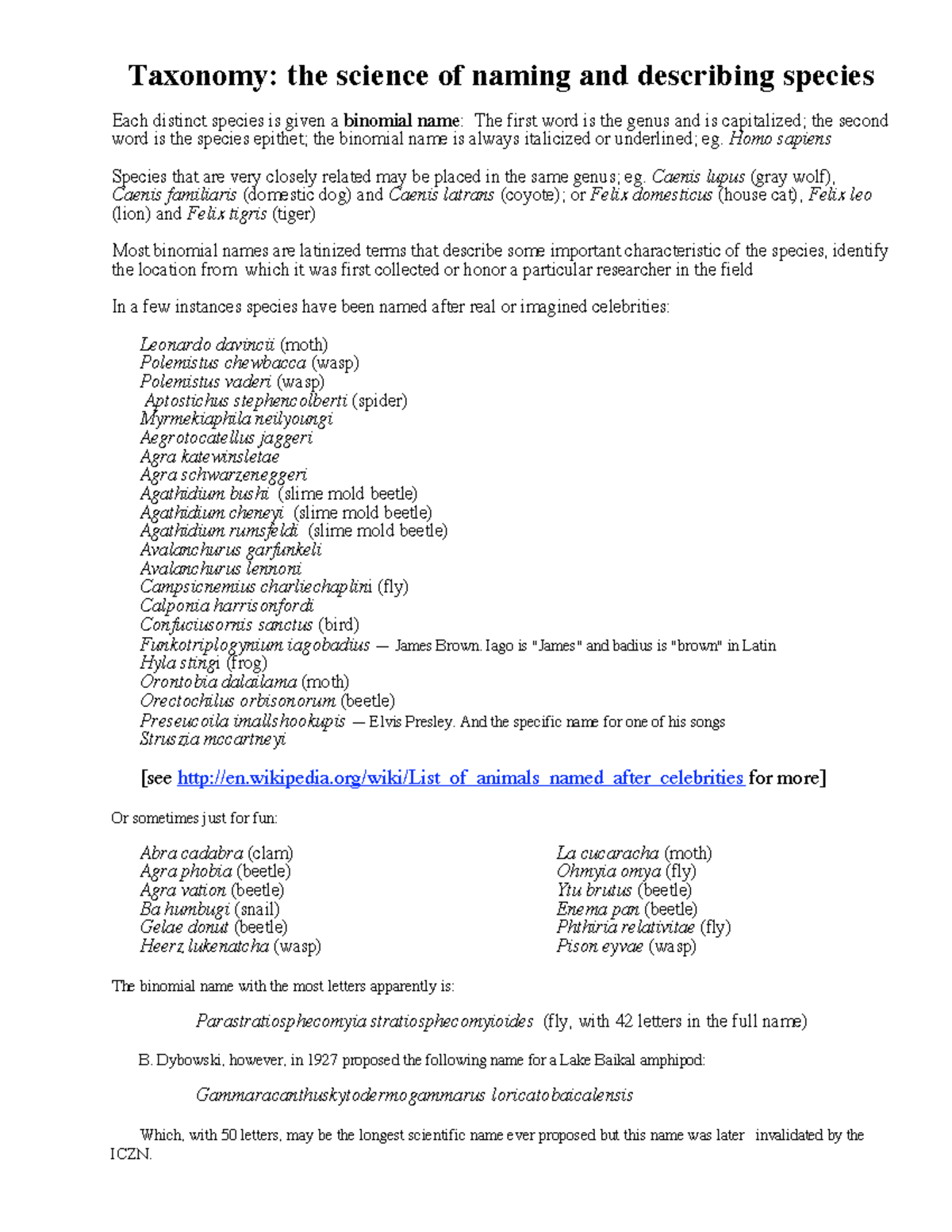 Taxonomy - Handout - Taxonomy: the science of naming and describing ...