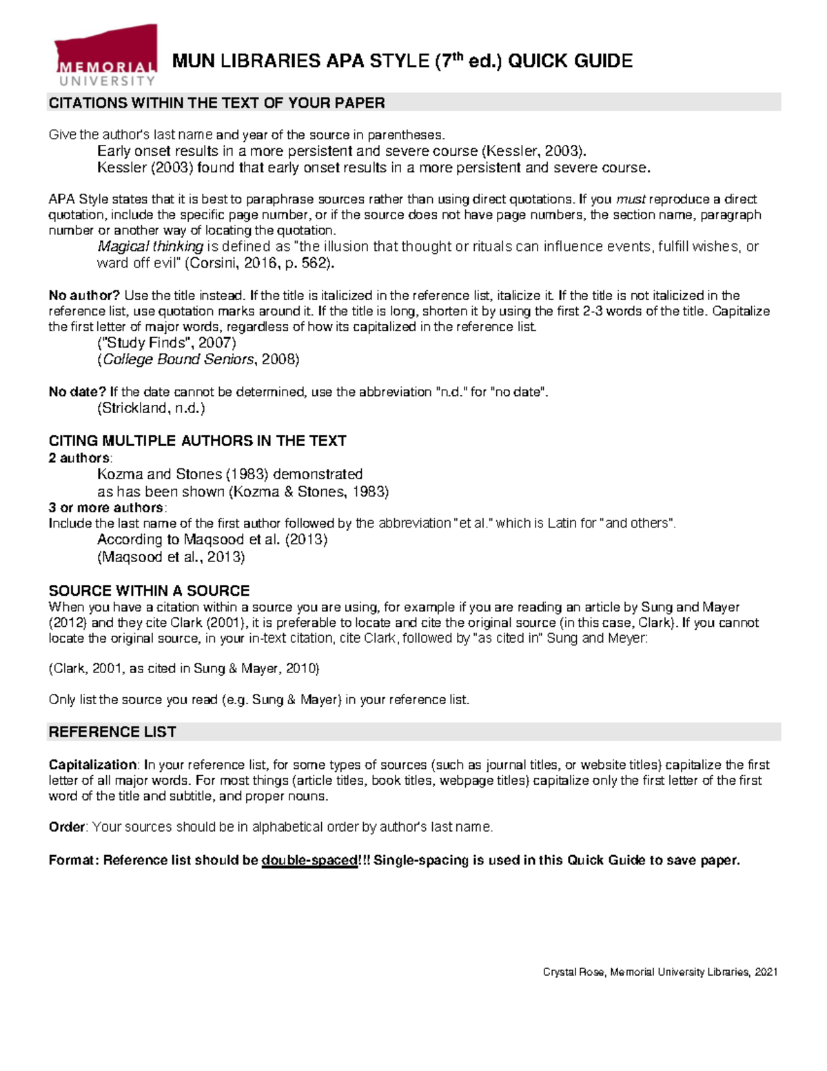 APA Style Quick Guide 7th ed 2020 - MUN LIBRARIES APA STYLE (7th ed ...