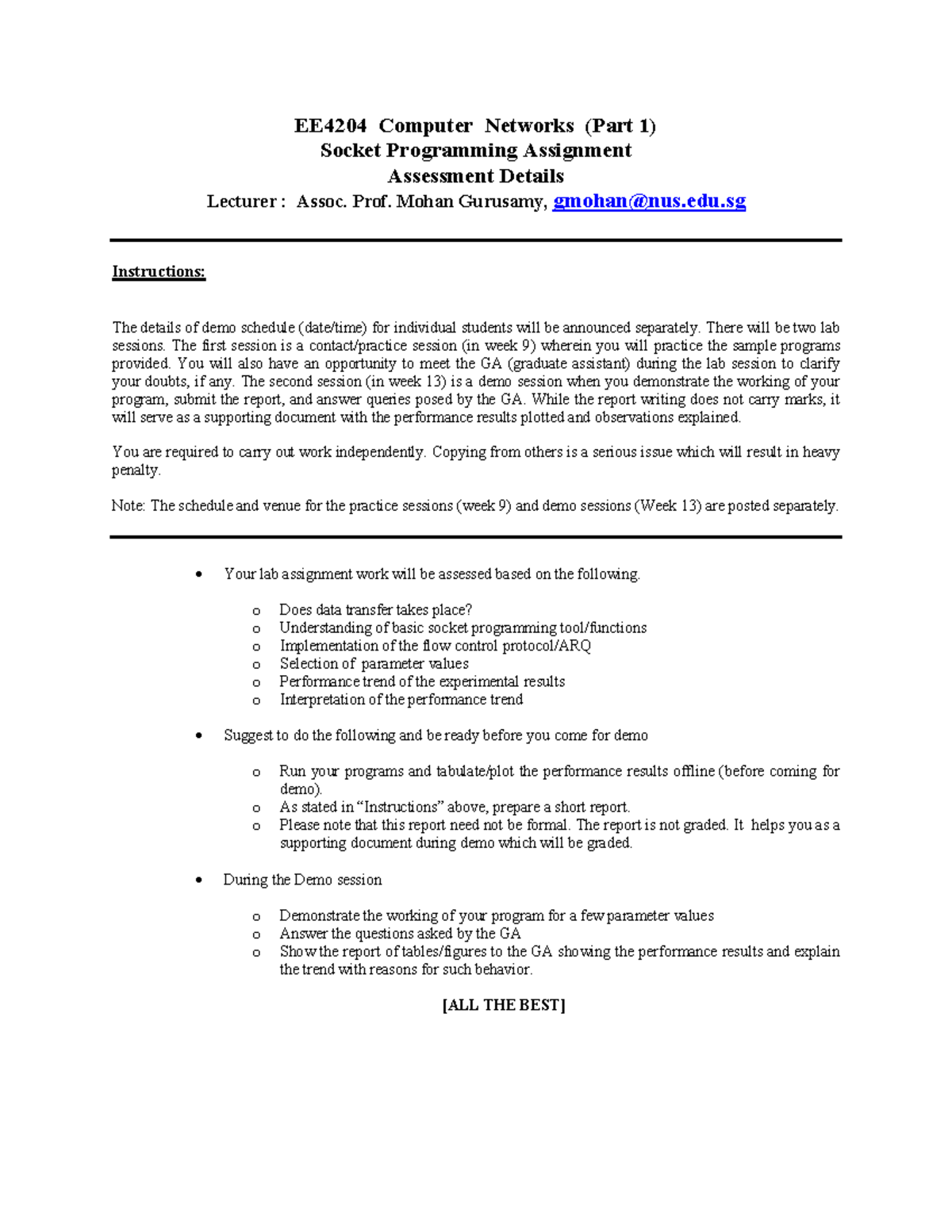 EE4204 Lab Assessment GMohan - EE4204 Computer Networks (Part 1) Socket Programming Assignment ...