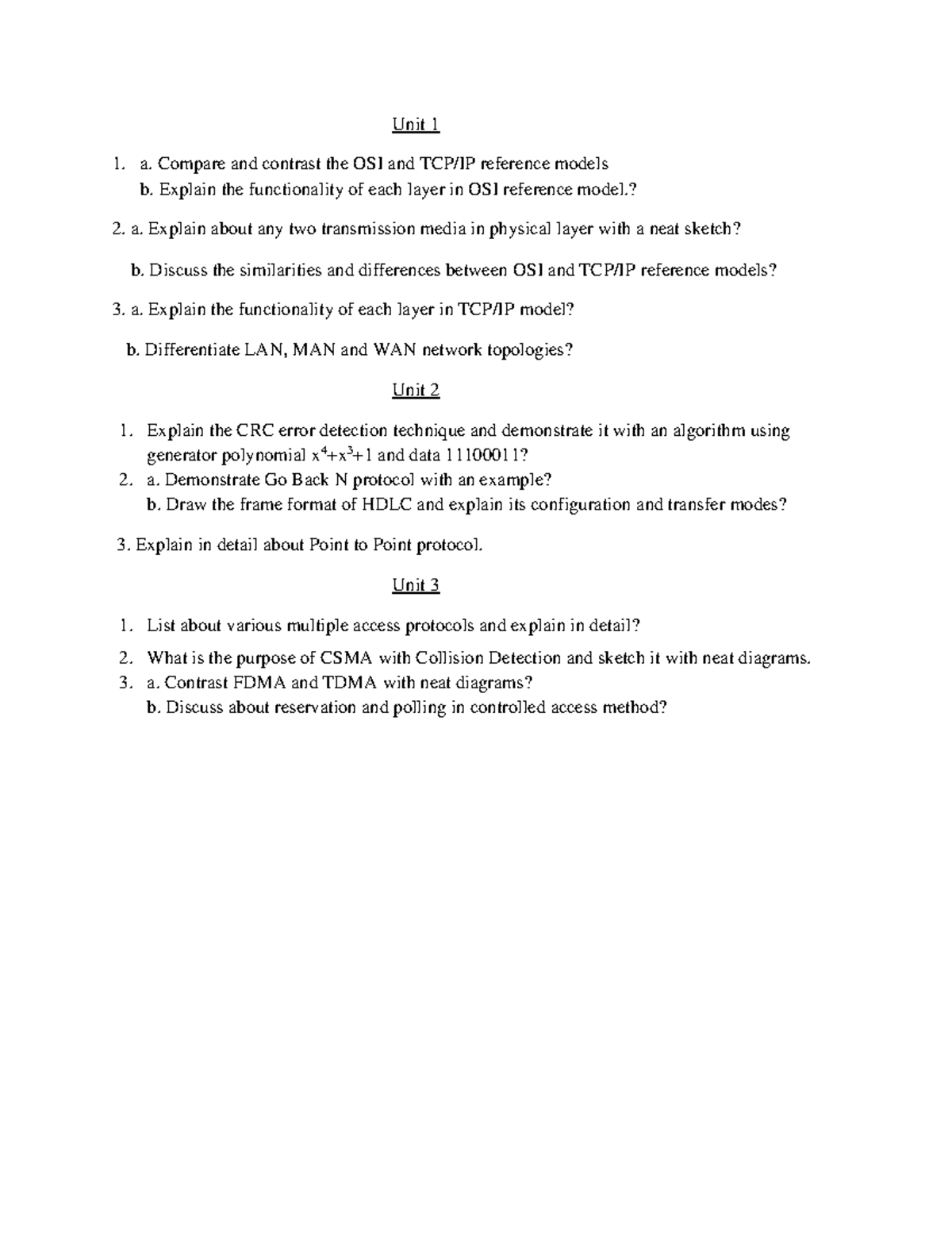 CN Important Questions - Unit 1 a. Compare and contrast the OSI and TCP/IP reference models b ...