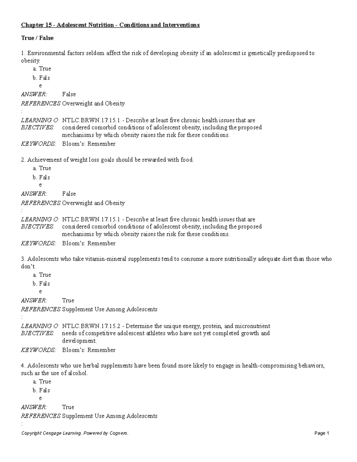 Chapter 15 Adolescent Nutrition Conditions and Interventions - True ...