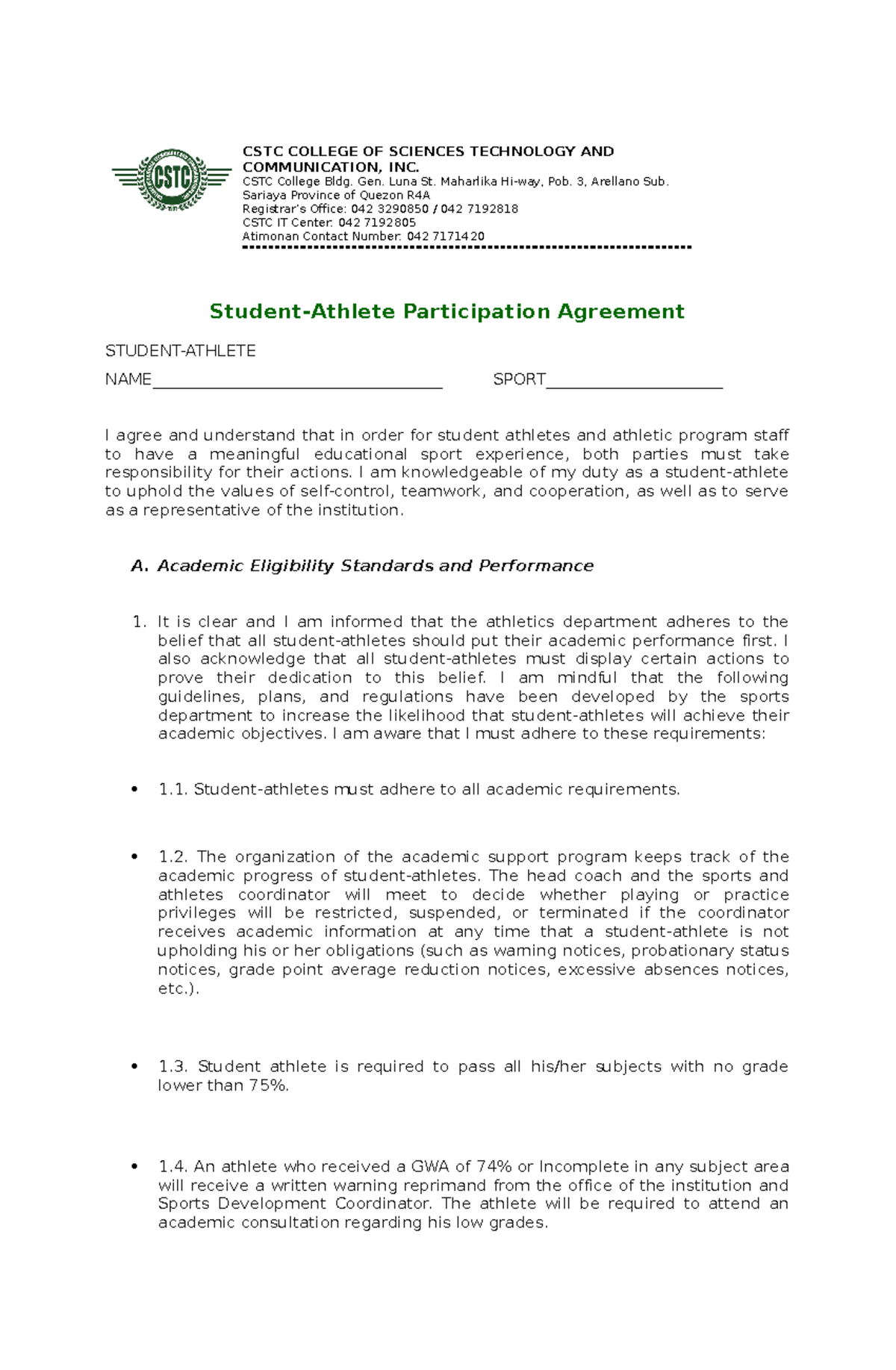 Student athlete agreement final - CSTC COLLEGE OF SCIENCES TECHNOLOGY ...