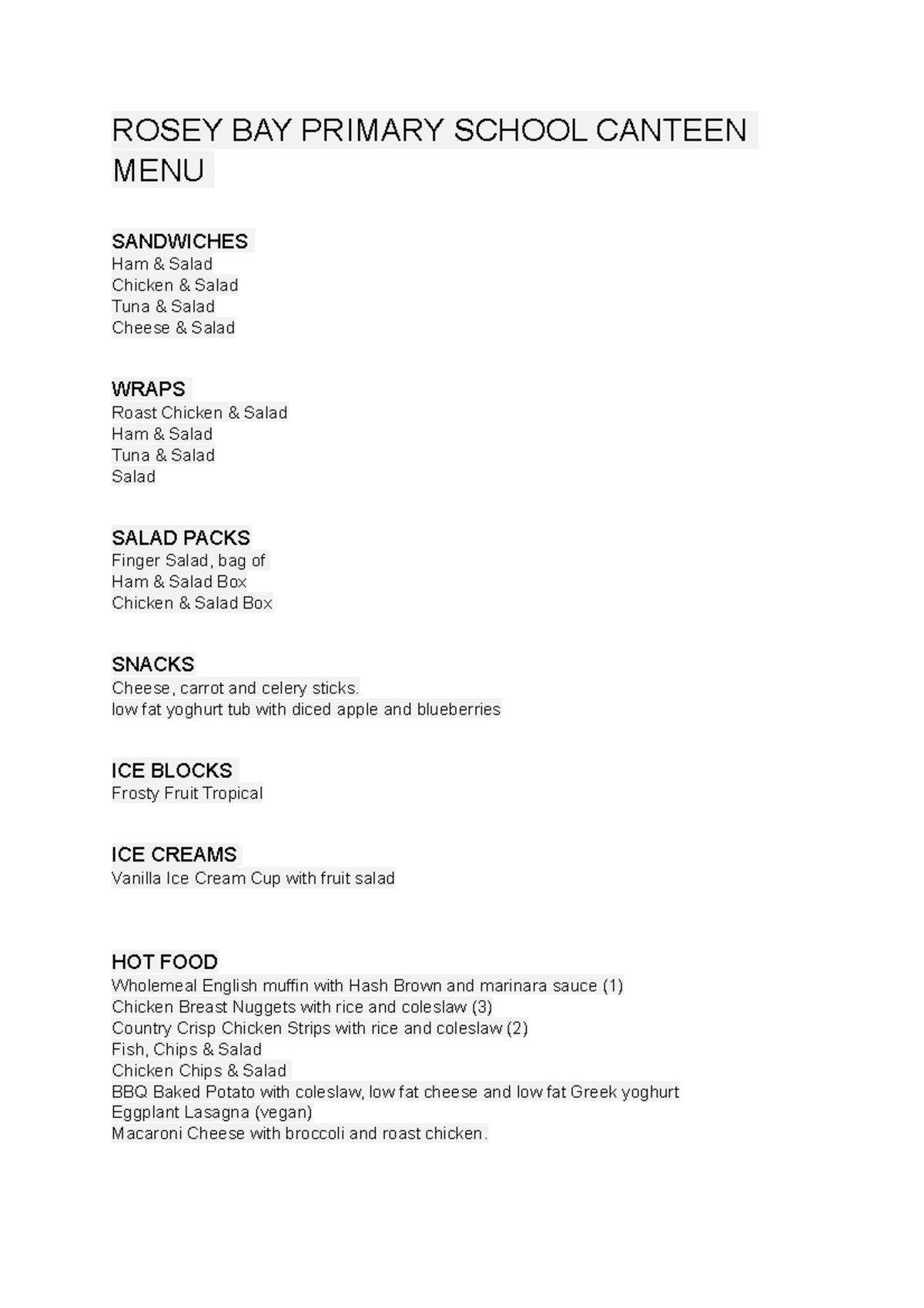 Rosey Bay Primary School Menu adjustments - ROSEY BAY PRIMARY SCHOOL ...