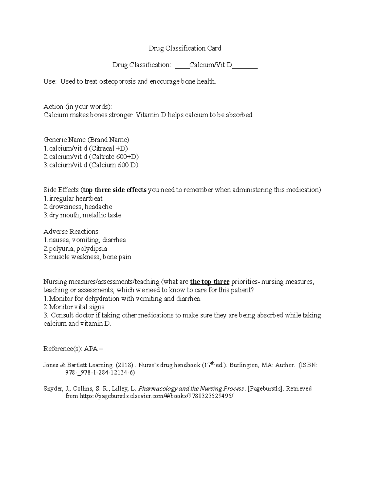 Calcium vit d - Drug Classification Card Drug Classification: Calcium ...